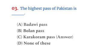 Geography of Pakistan MCQs with answers || Pak Studies MCQs || Part 2 ...
