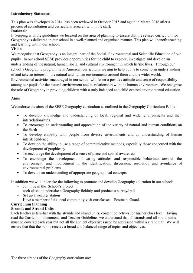 Geography plan 2014 (1) | DOC | Education industry | Industries