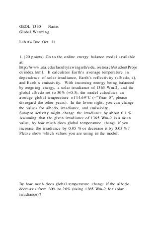 GEOL 1330Name Global Warming Lab #4 Due Oct. 111. (20 | DOCX