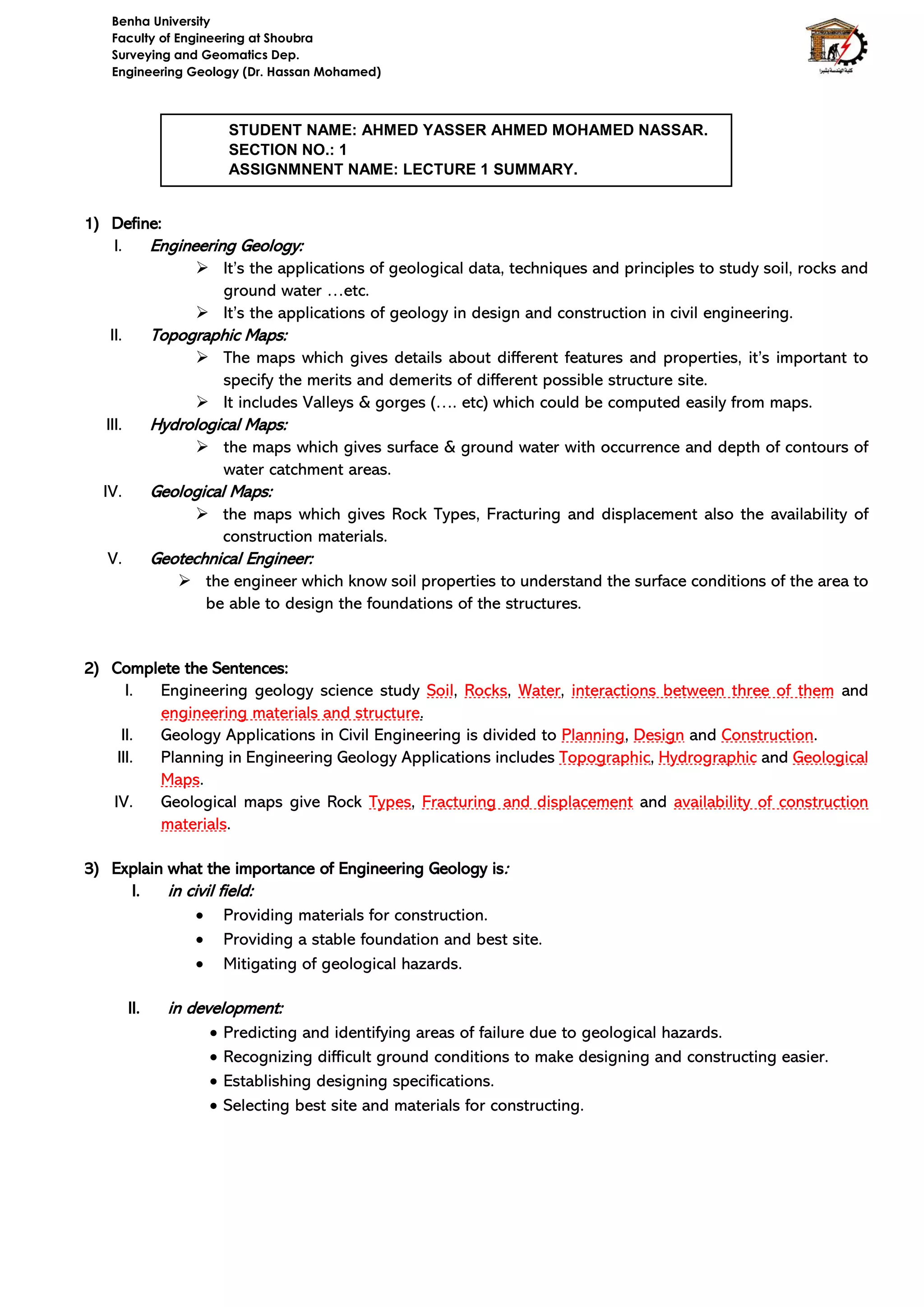 Principles of Engineering Geology - Lecture Summary | PDF