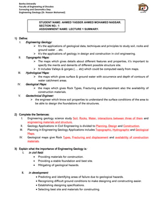 Principles of Engineering Geology - Lecture Summary | PDF