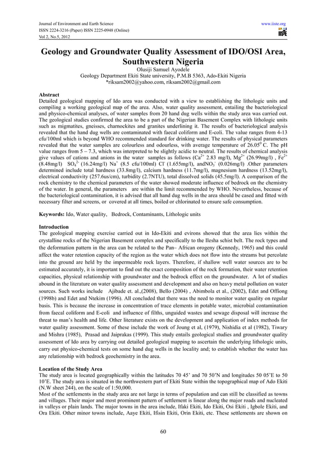 Geology and groundwater quality assessment of ido osi area, southwestern nigeria | PDF