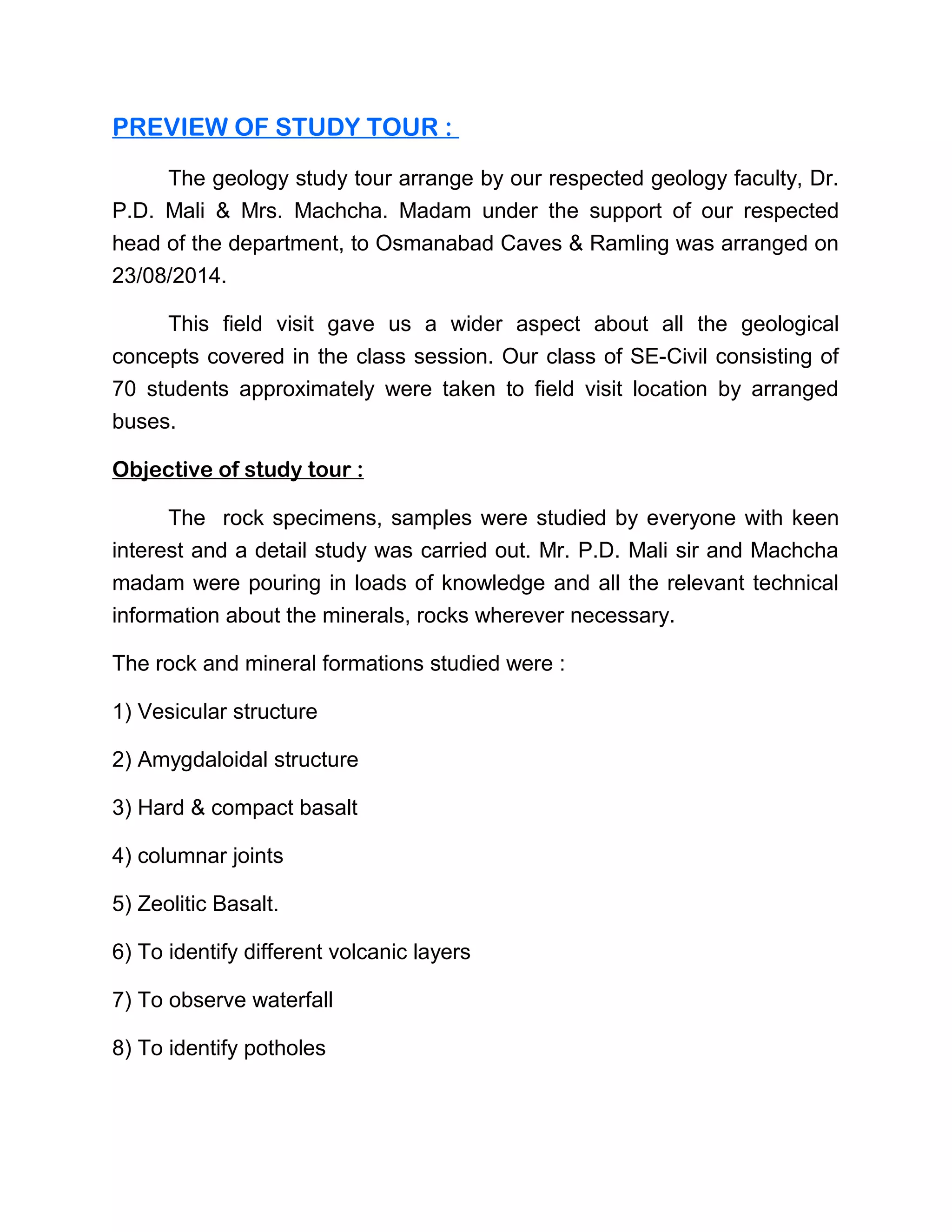 Geology field visit report | DOC