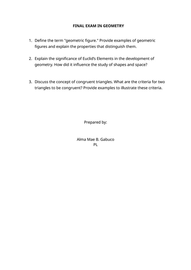 Sample examination for subject Geometry Final Exam. | PDF