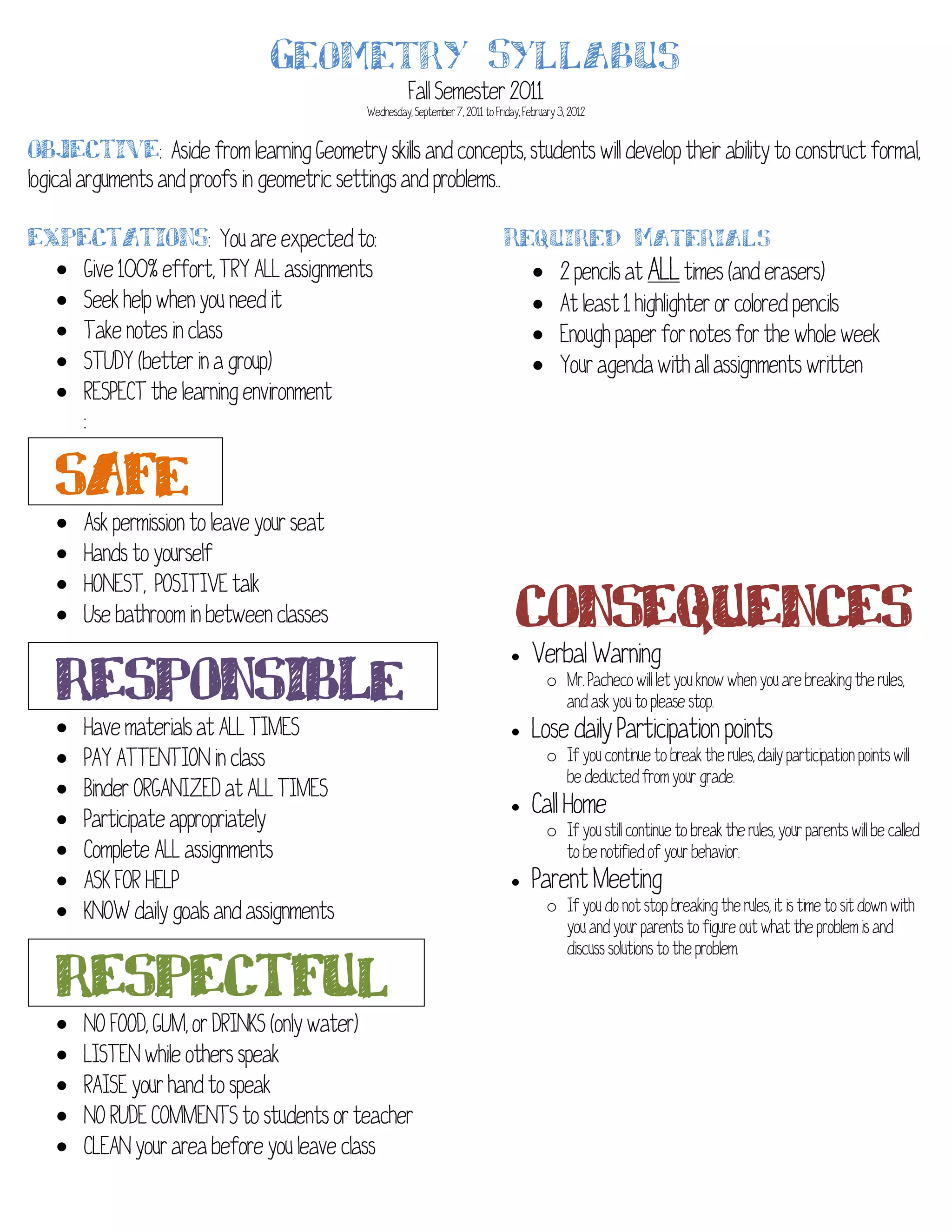 Geometry syllabus 1st semester | PDF | Homework and Study | Education