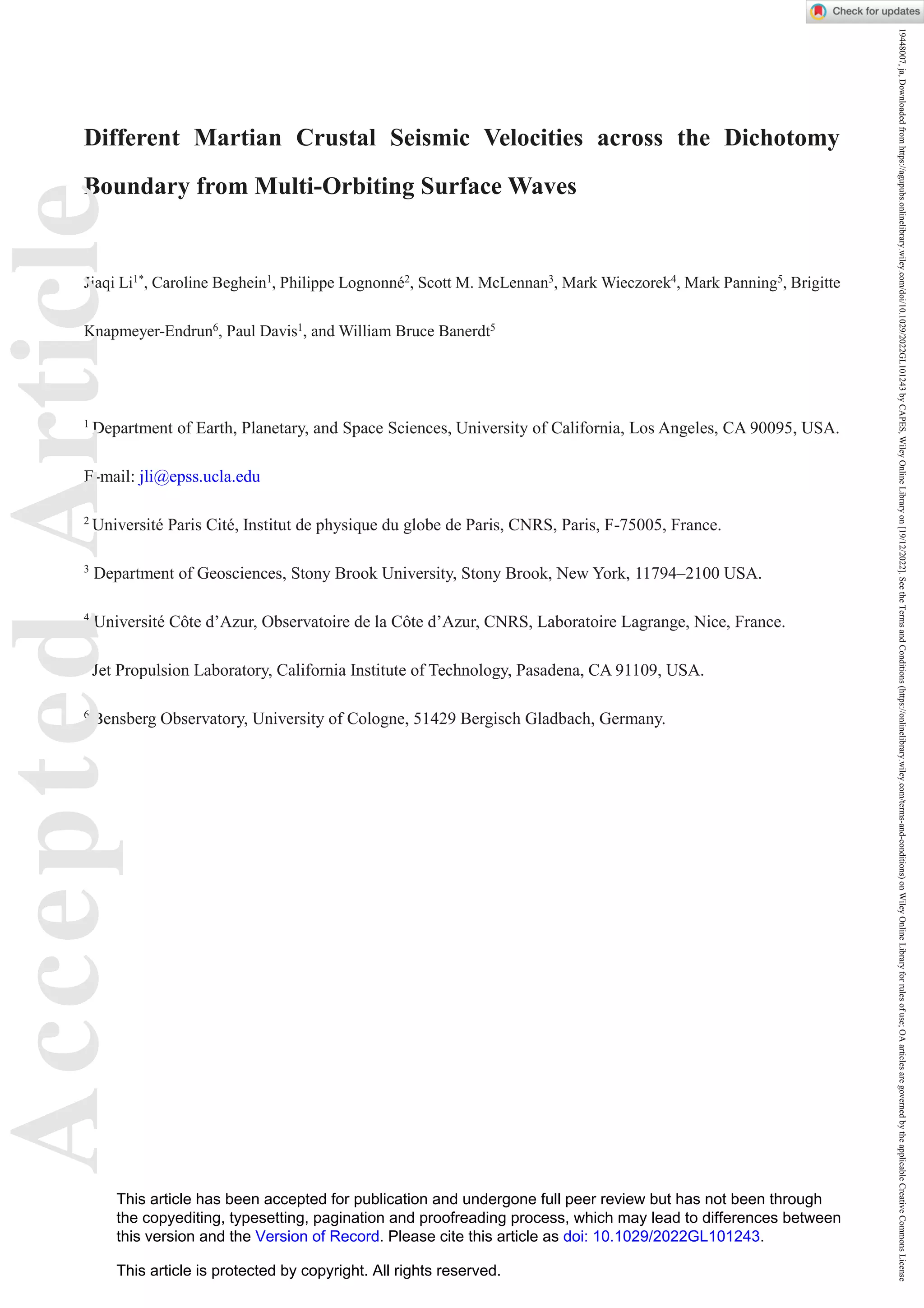 Different Martian Crustal Seismic Velocities across the Dichotomy ...