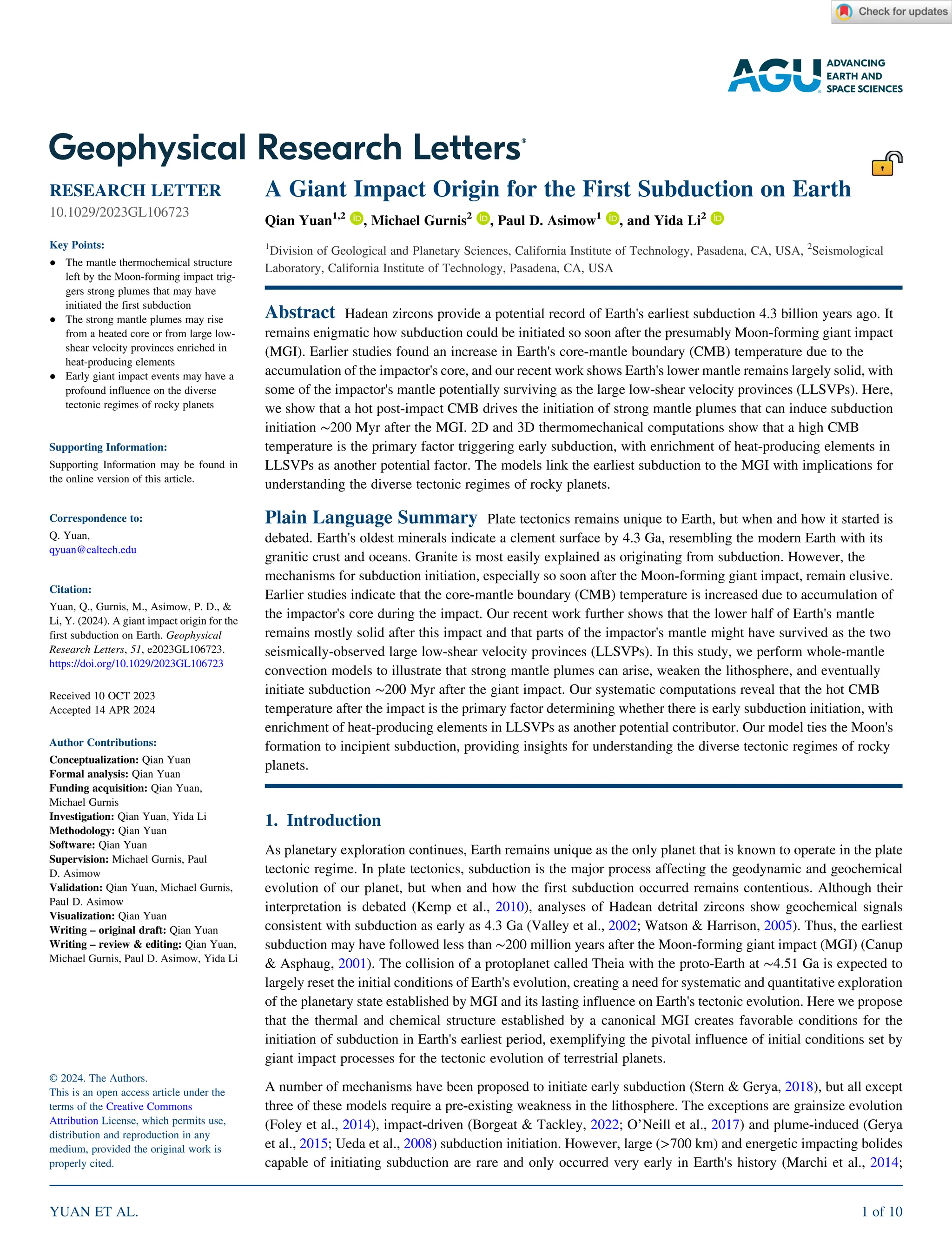 A Giant Impact Origin for the First Subduction on Earth | PDF