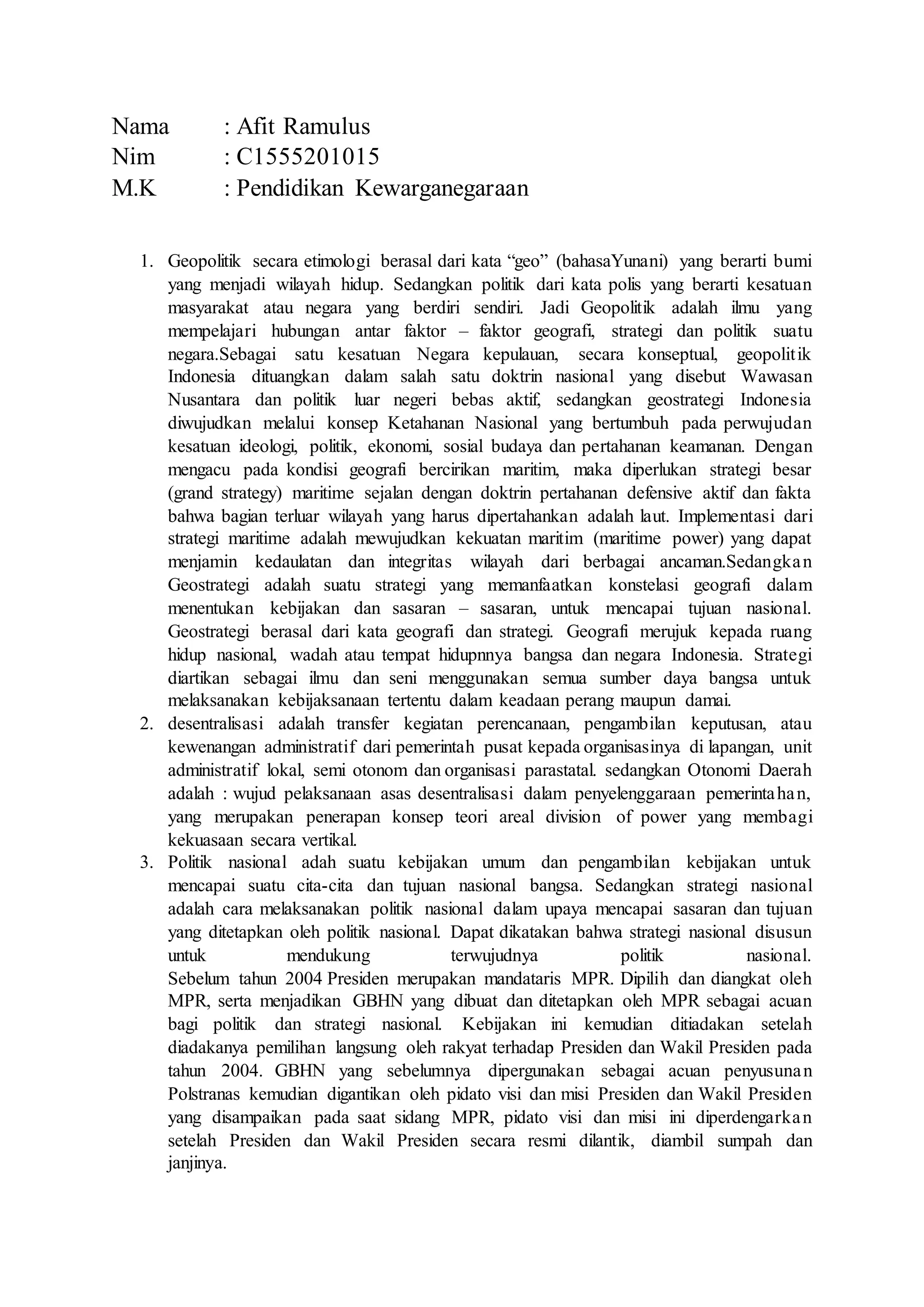 Geopolitik secara etimologi berasal dari kata | DOCX