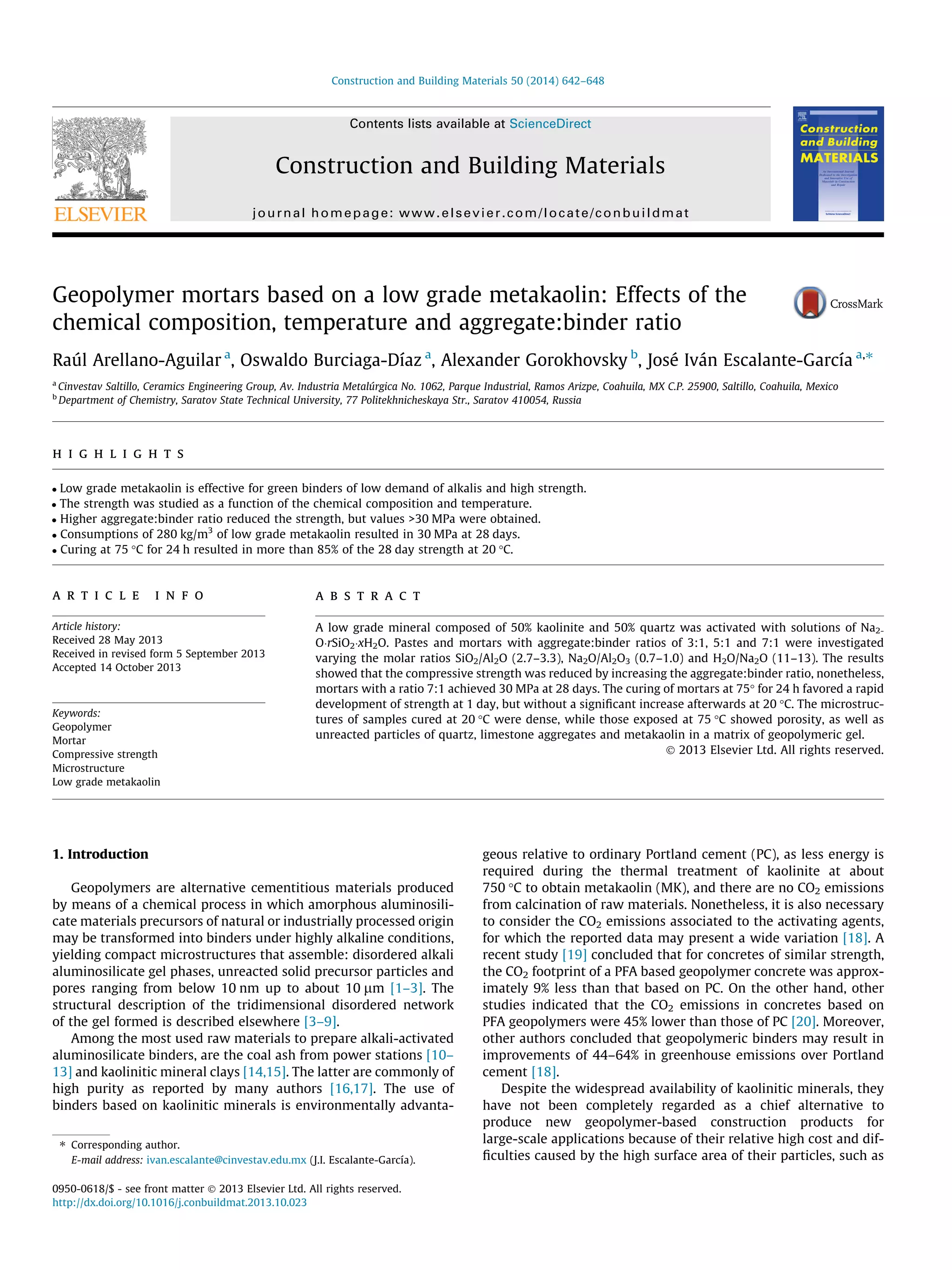Geopolymer mortars based on a low grade metakaolin , effects of the ...