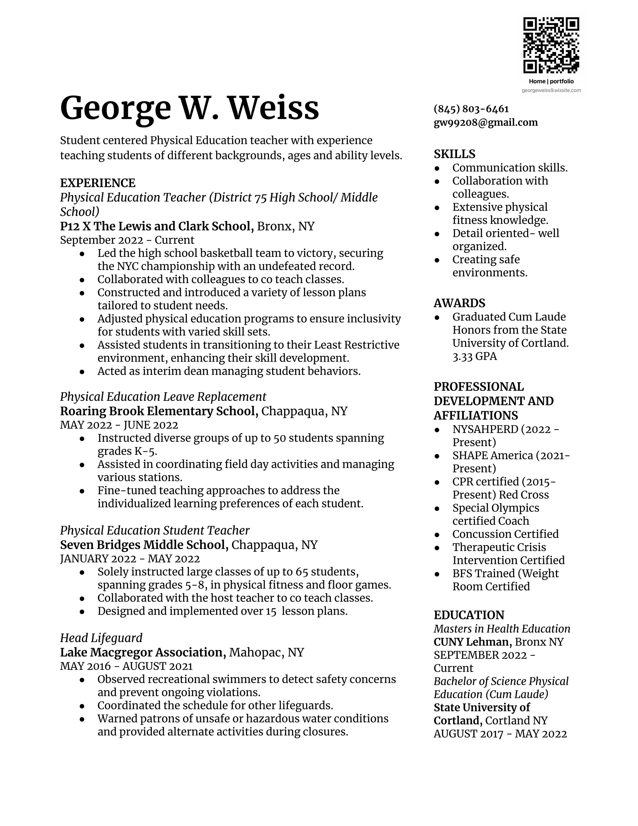 George Weiss RESUME updated as of spring 2024 | PDF