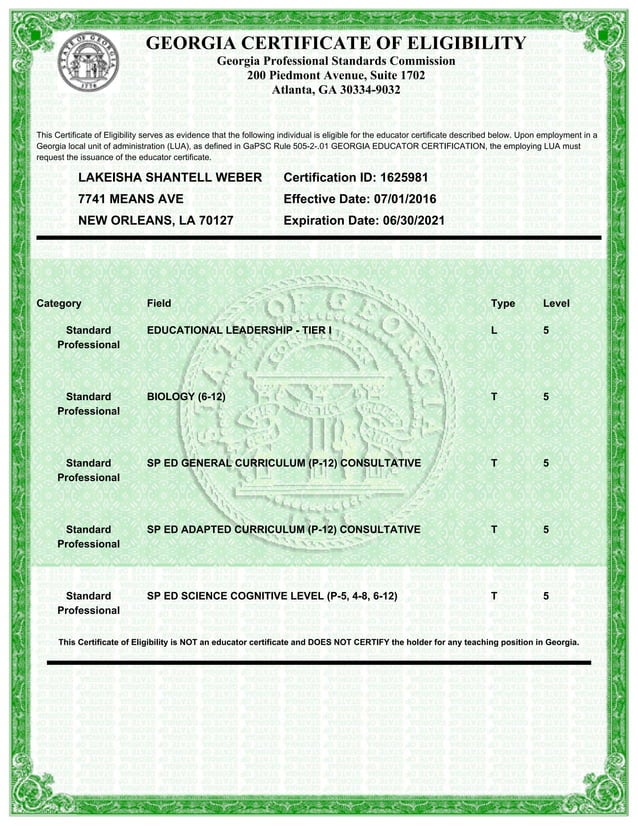 Georgiafinalcertofeligibilty | PDF