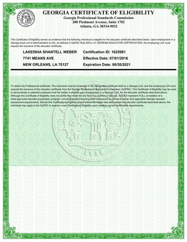 Georgiafinalcertofeligibilty | PDF