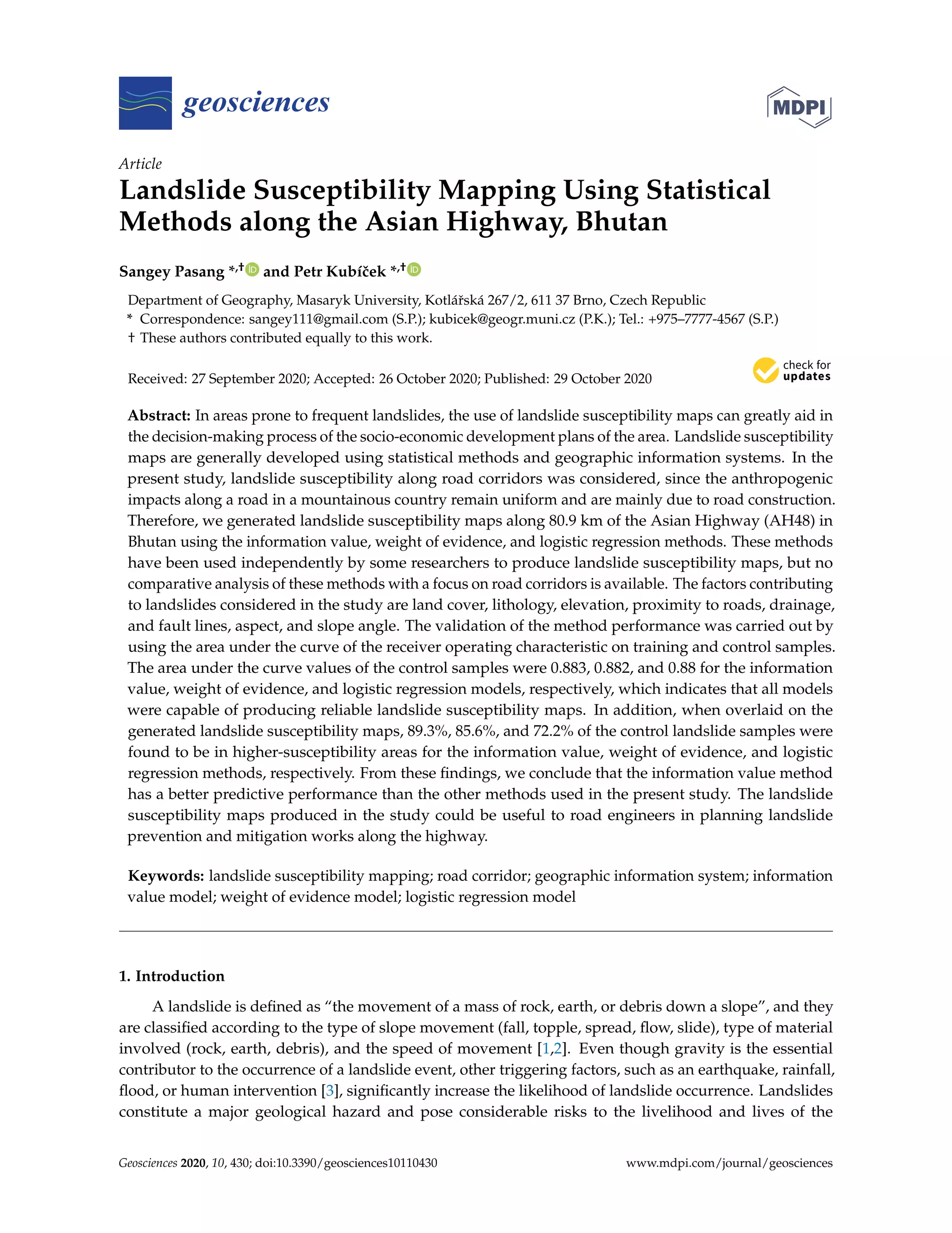 Landslide Susceptibility Mapping Using Statistical Methods along the Asian Highway, Bhutan | PDF