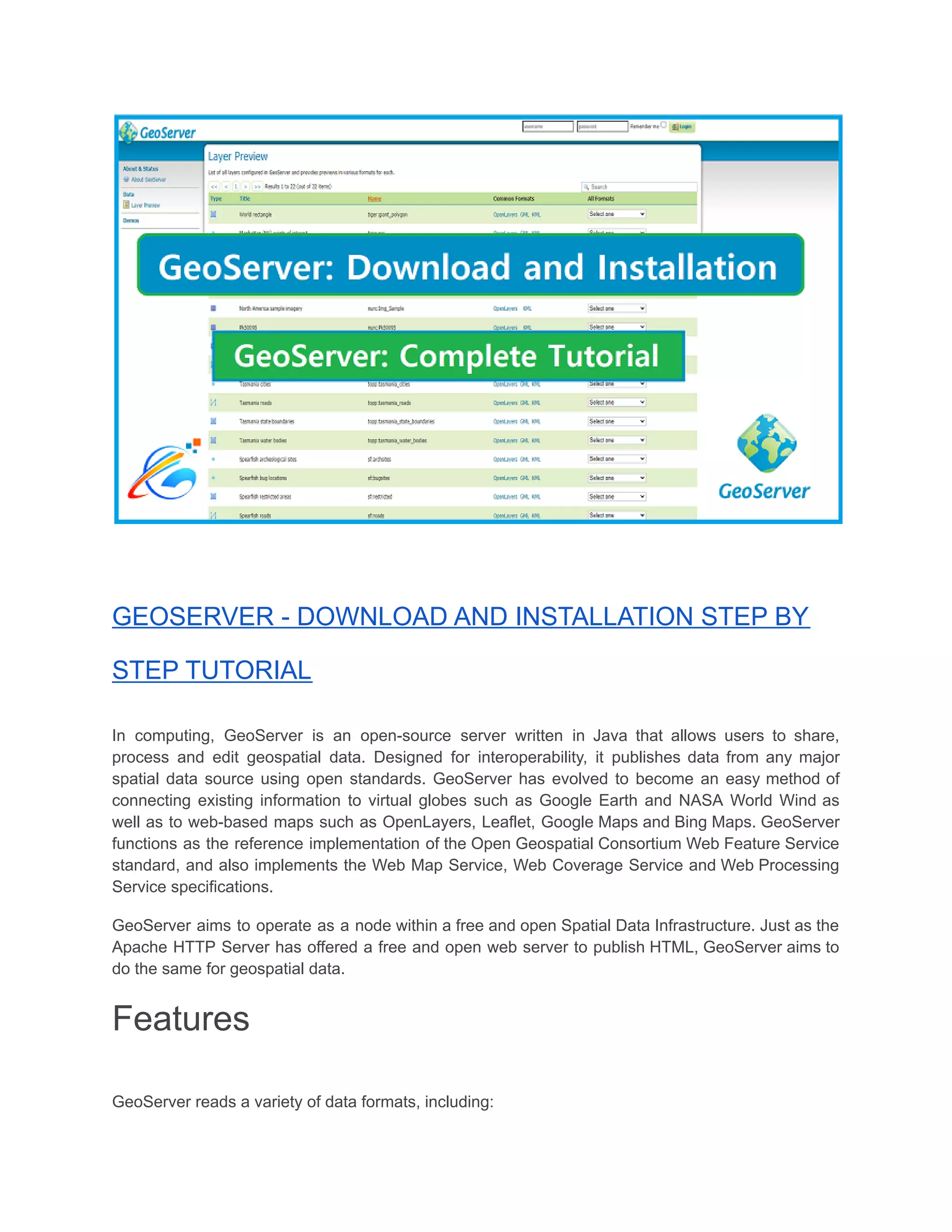 GEOSERVER - DOWNLOAD AND INSTALLATION STEP BY STEP TUTORIAL | PDF