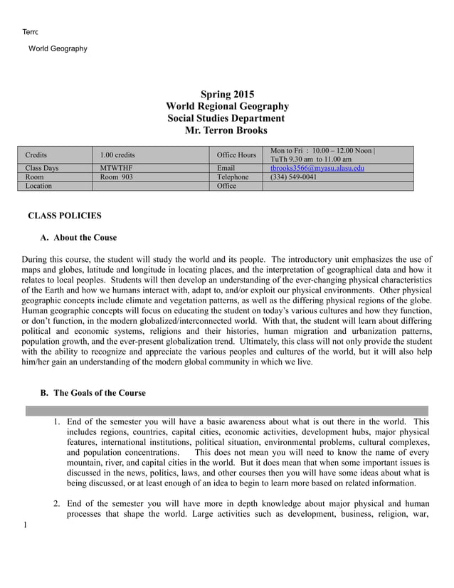 World Geography syllabus spring 2015 | RTF | Geography | Science