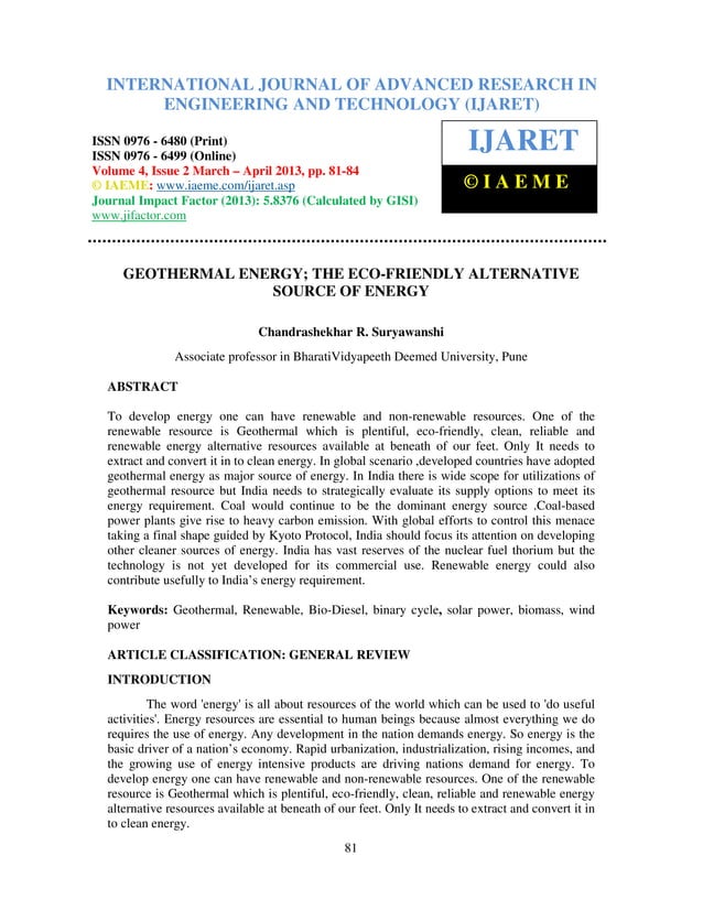 Geothermal energy the eco friendly alternative source of energy | PDF