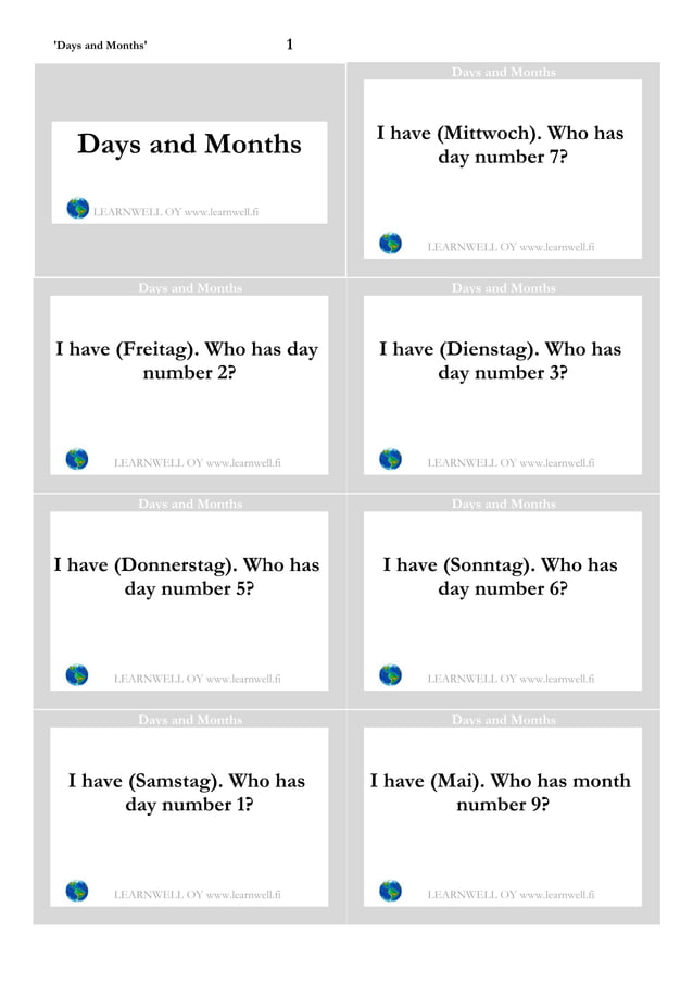 "Days and Months" German - English cards | PDF