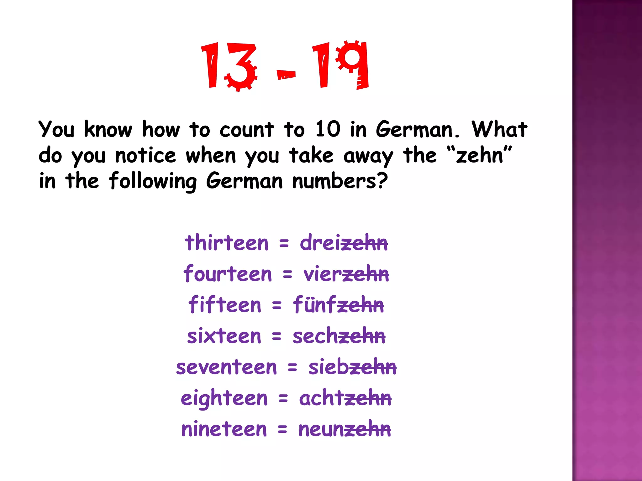 German numbers 11 20(1) | PPTX | Games and Puzzles | Hobbies & Interests