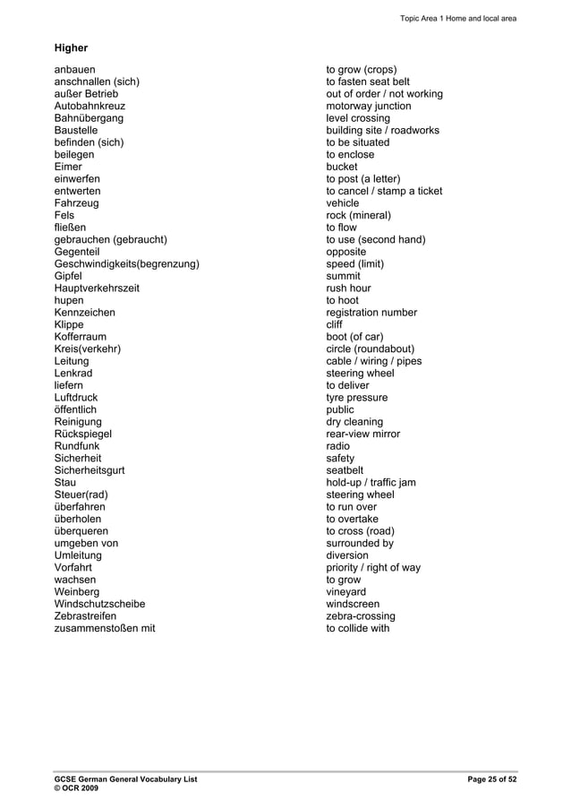 German vocabulary list