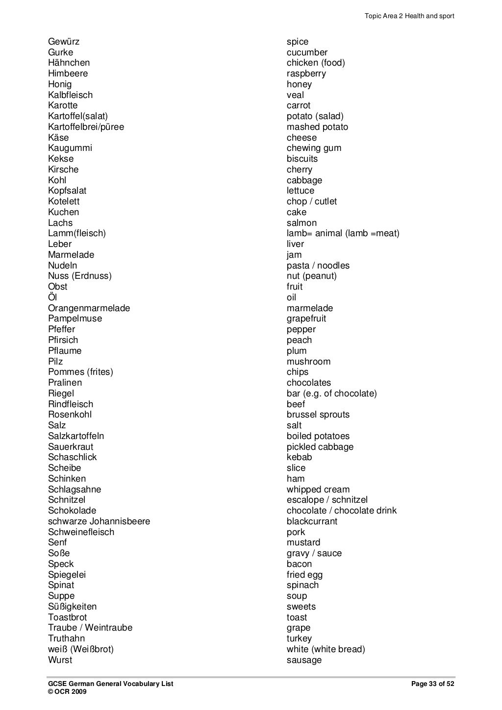 German vocabulary list