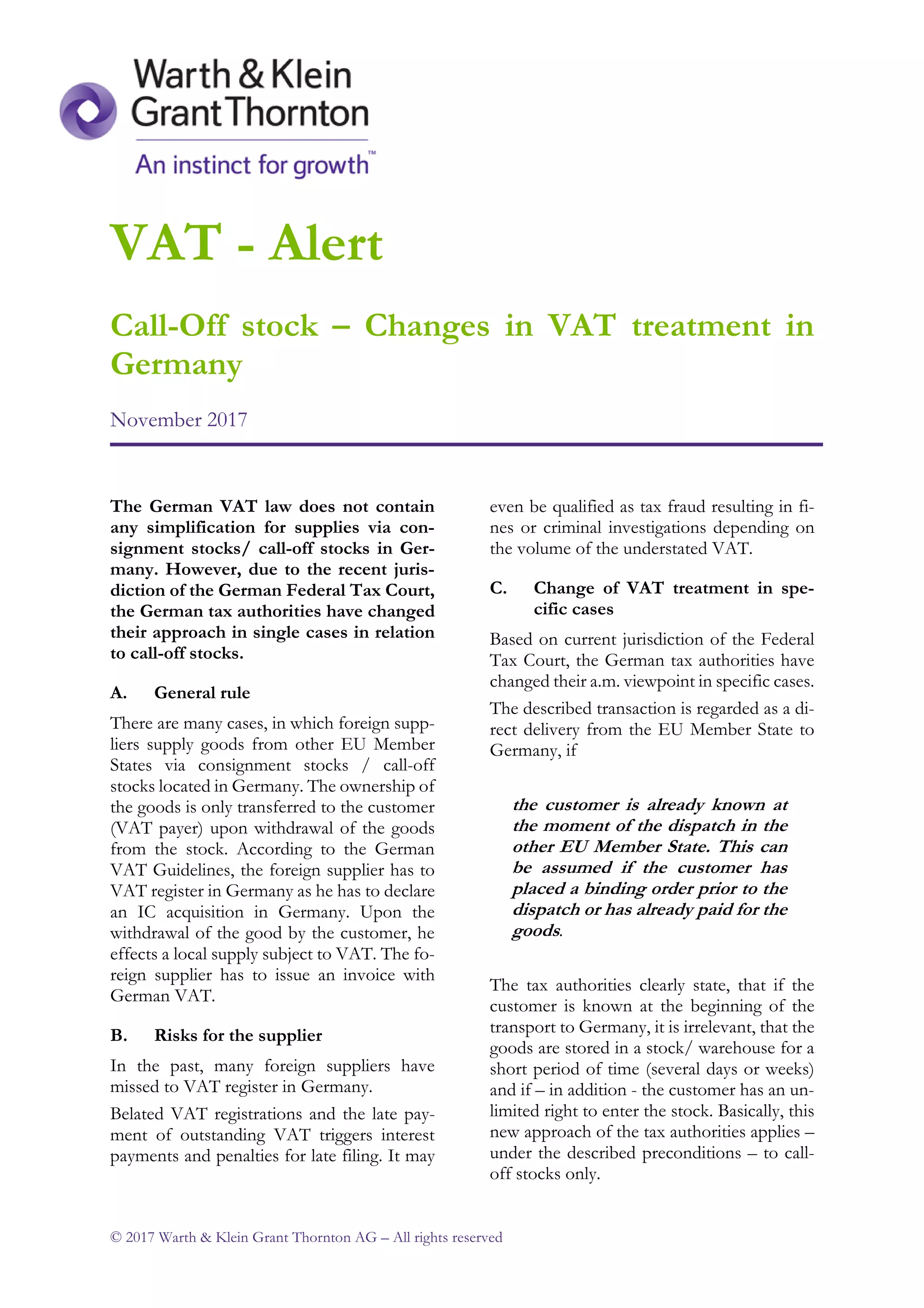 Germany VAT Alert: Call-Off stock - Changes in VAT treatment in Germany ...