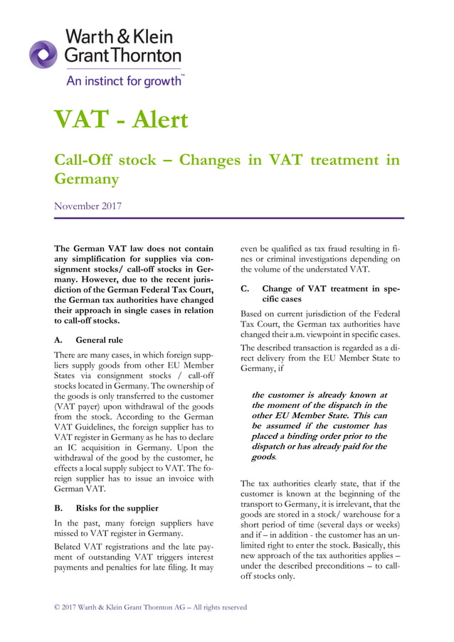 Germany VAT Alert: Call-Off stock - Changes in VAT treatment in Germany ...