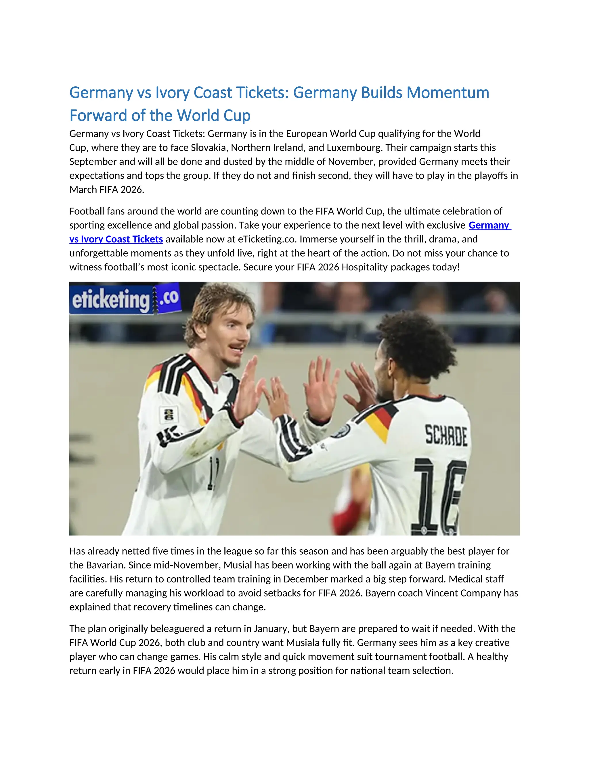 Germany vs Ivory Coast Tickets Germany Builds Momentum Forward of the ...