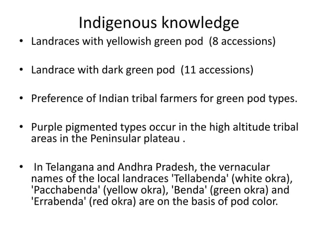 Germplasm accession details of important crops in india bhendi ...