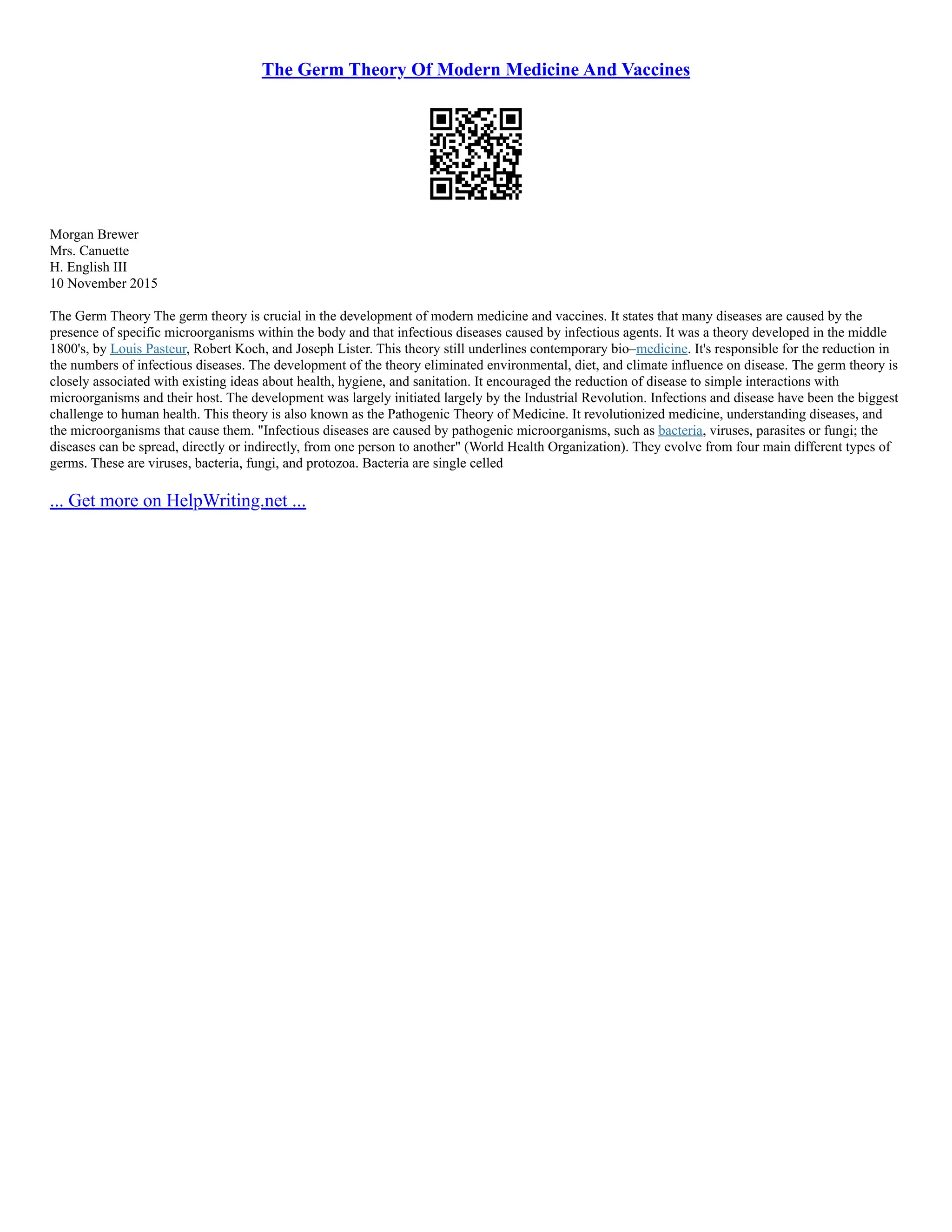 Germ Theory Of Disease By Robert Koch And Louis Pasteur | PDF