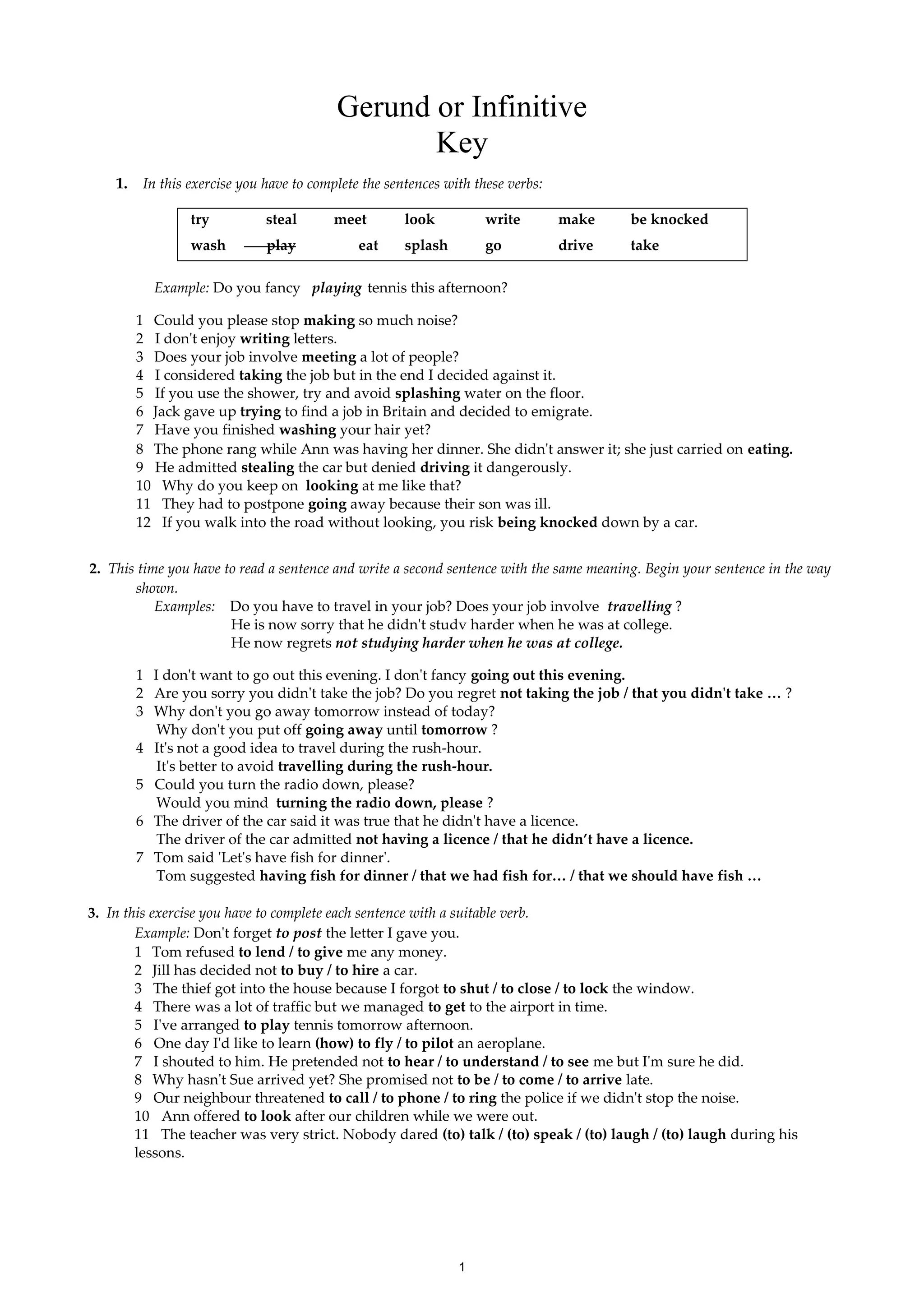 Gerund infinitive exercises_key | PDF