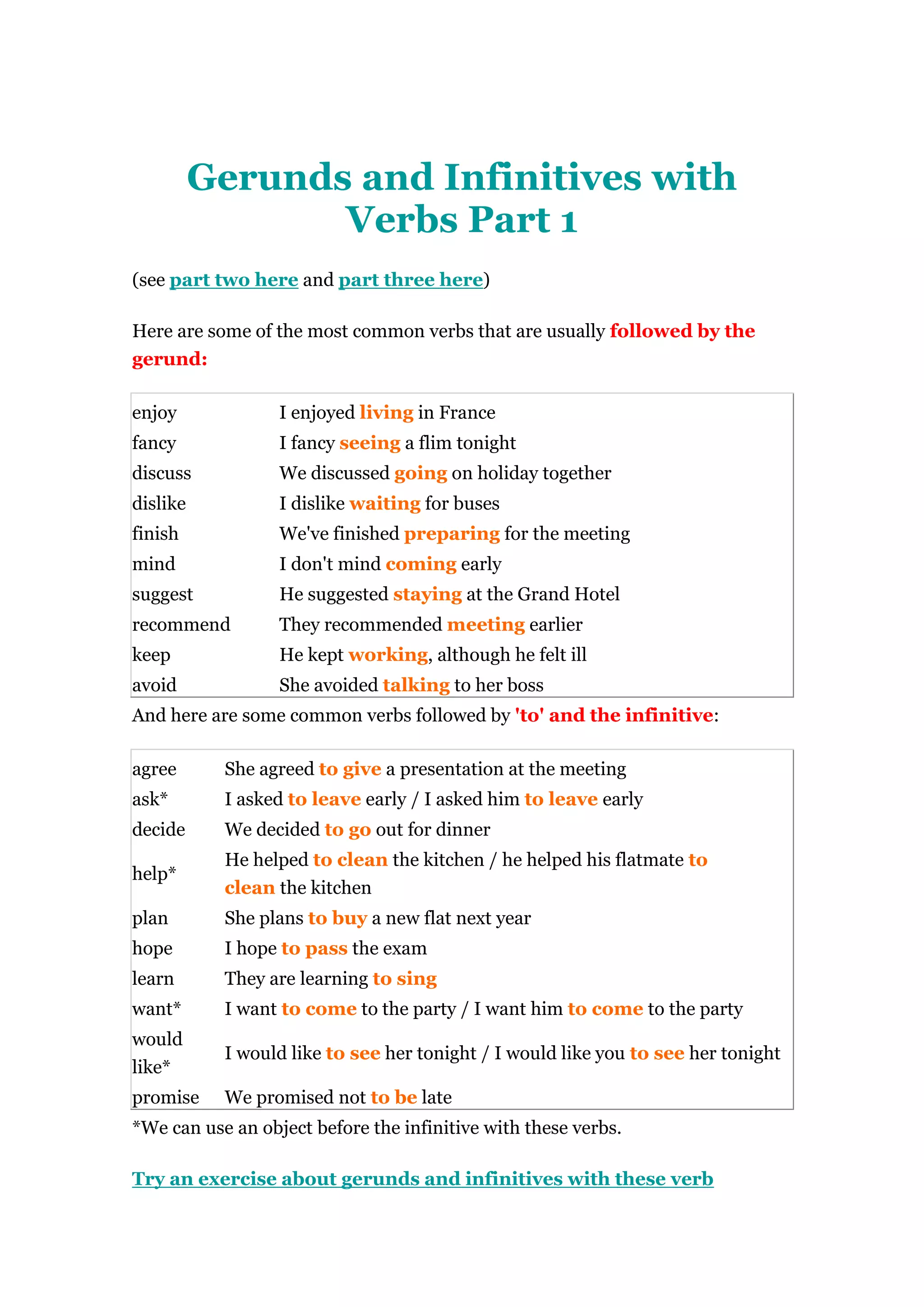 Gerunds and infinitives with verbs part 1 | DOCX