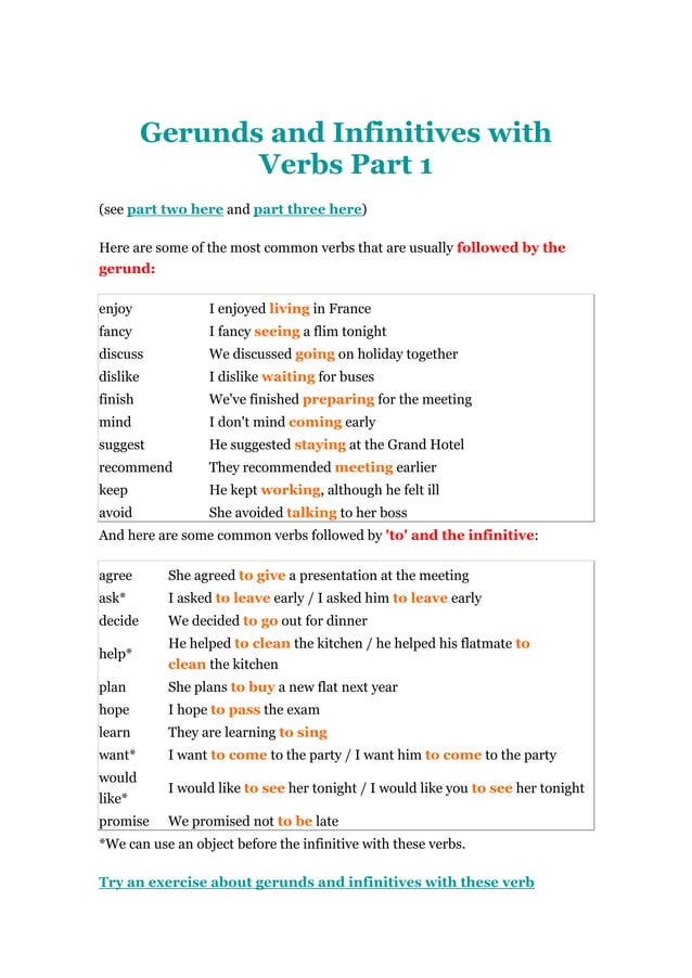 Gerunds and infinitives with verbs part 1 | DOCX