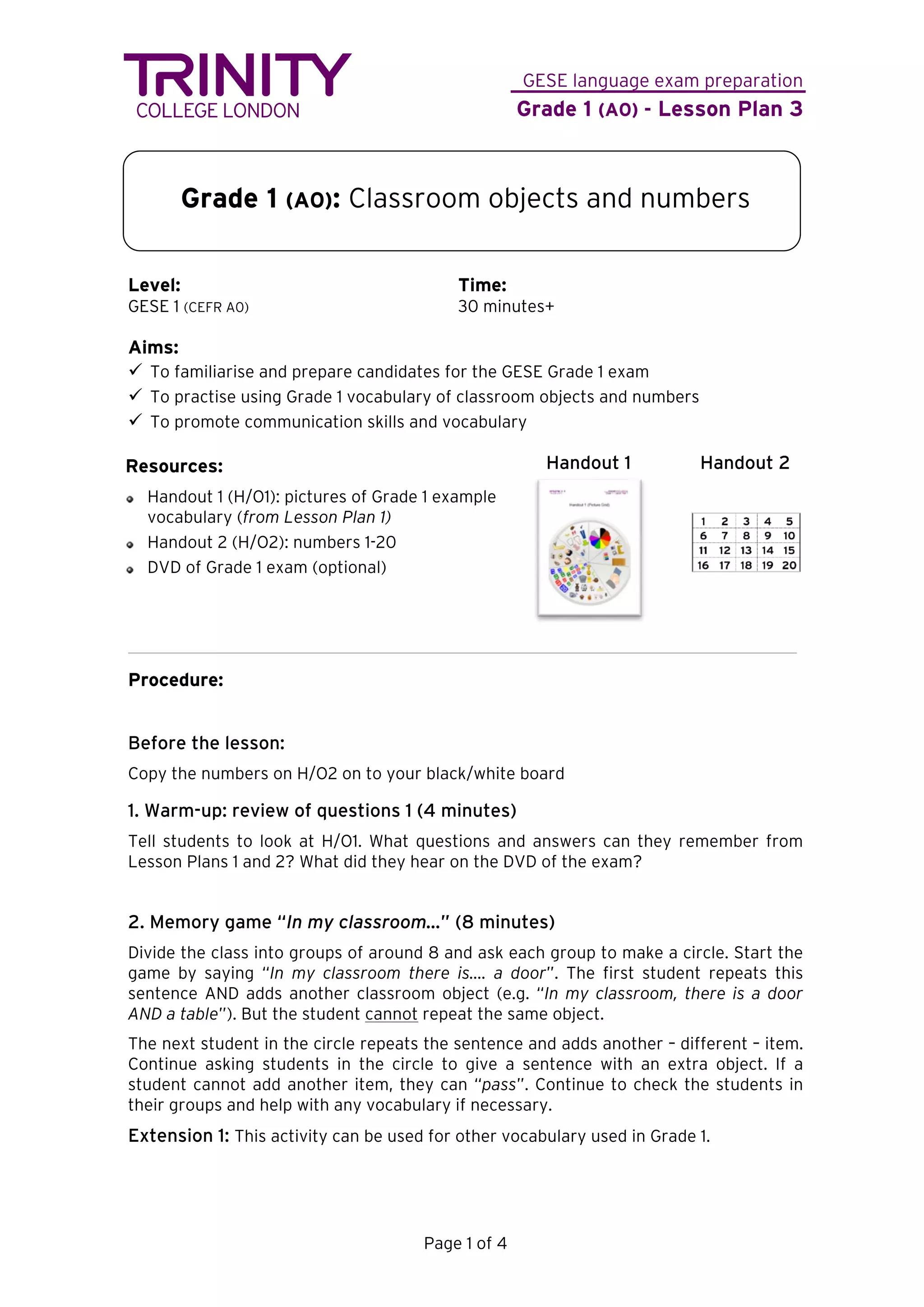 Gese grade 1 lesson plan 3 - classroom objects and numbers (final) | PDF