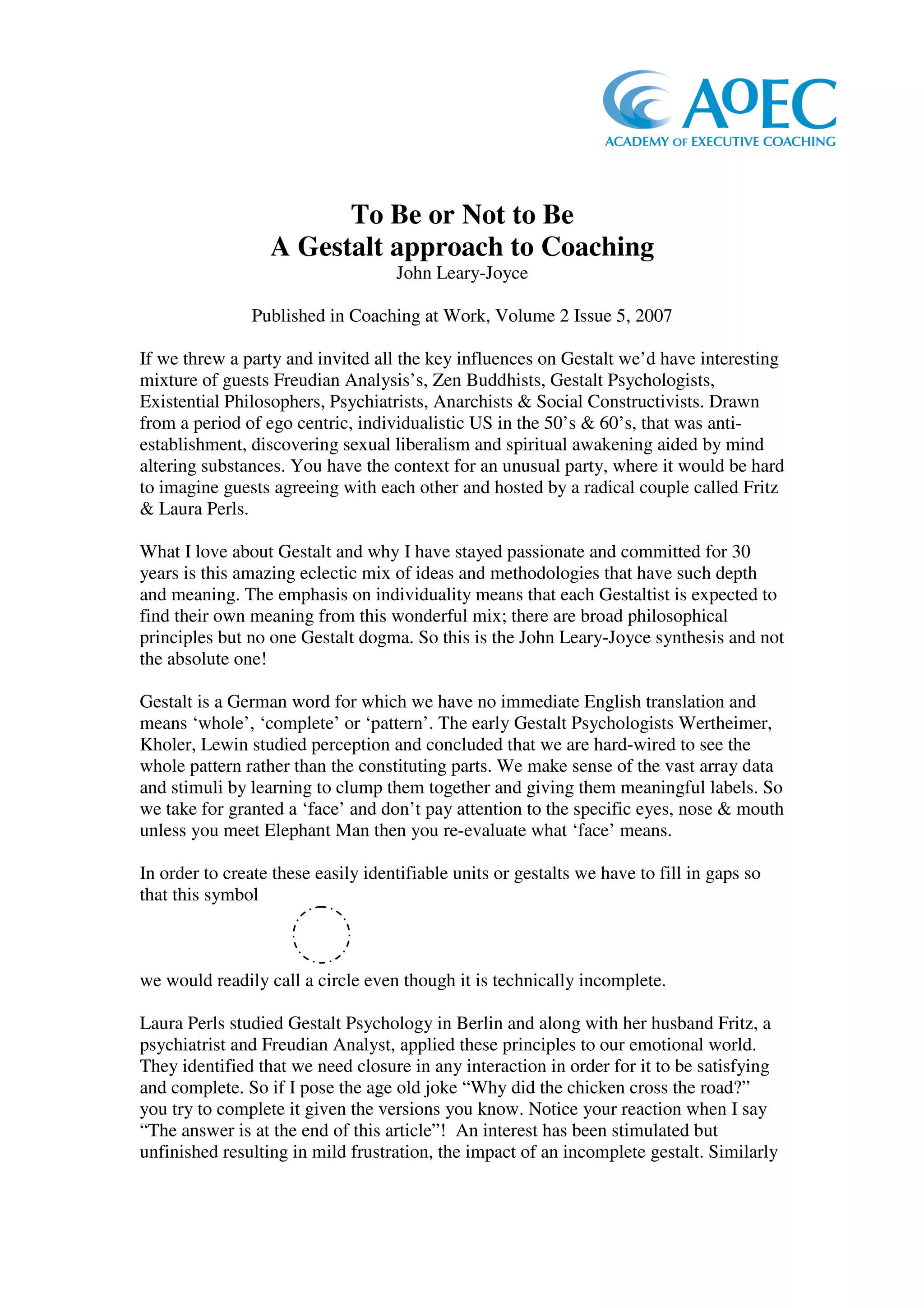 Gestalt coaching article | PDF