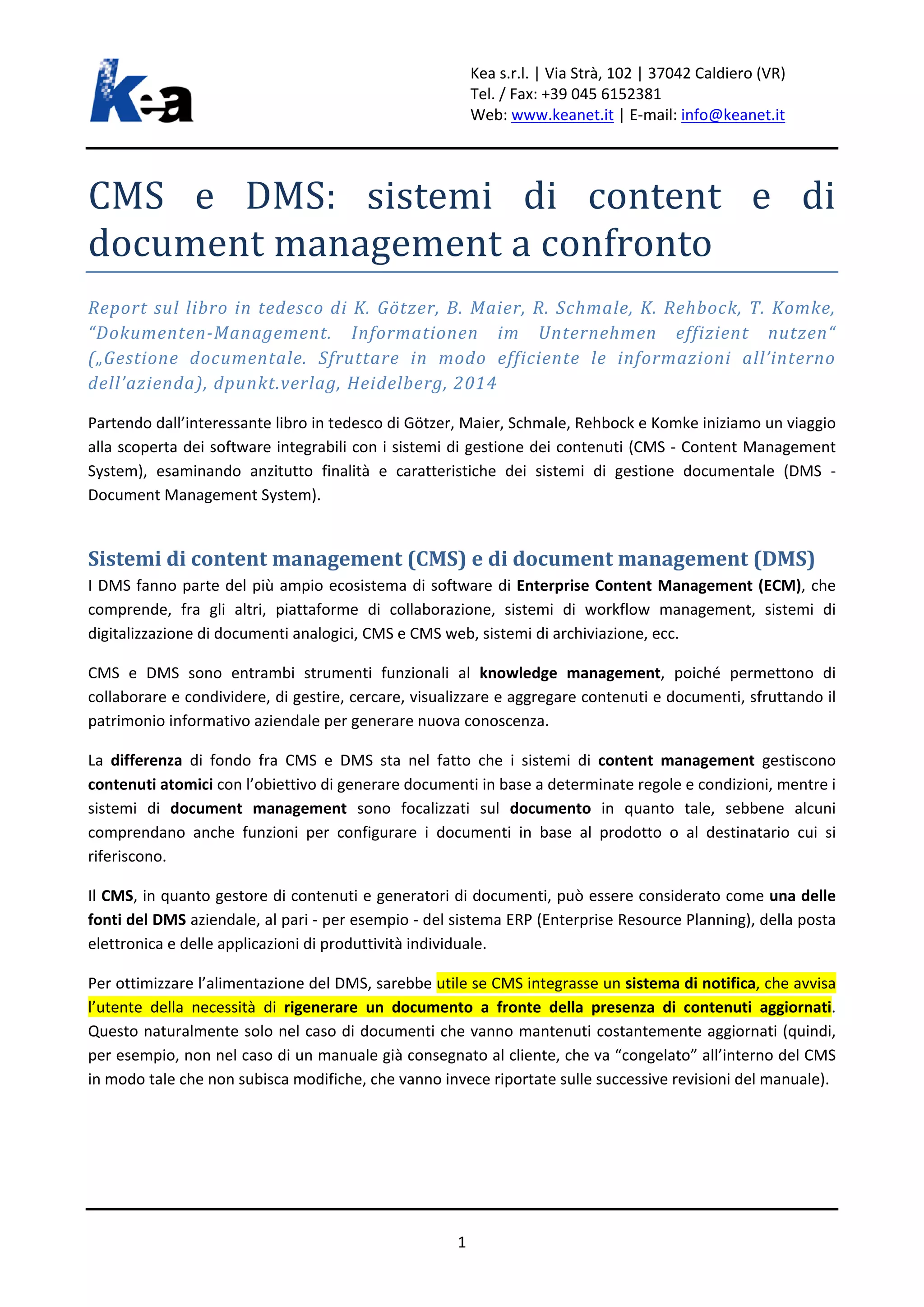 CMS e DMS: sistemi di content e di document management a confronto | PDF