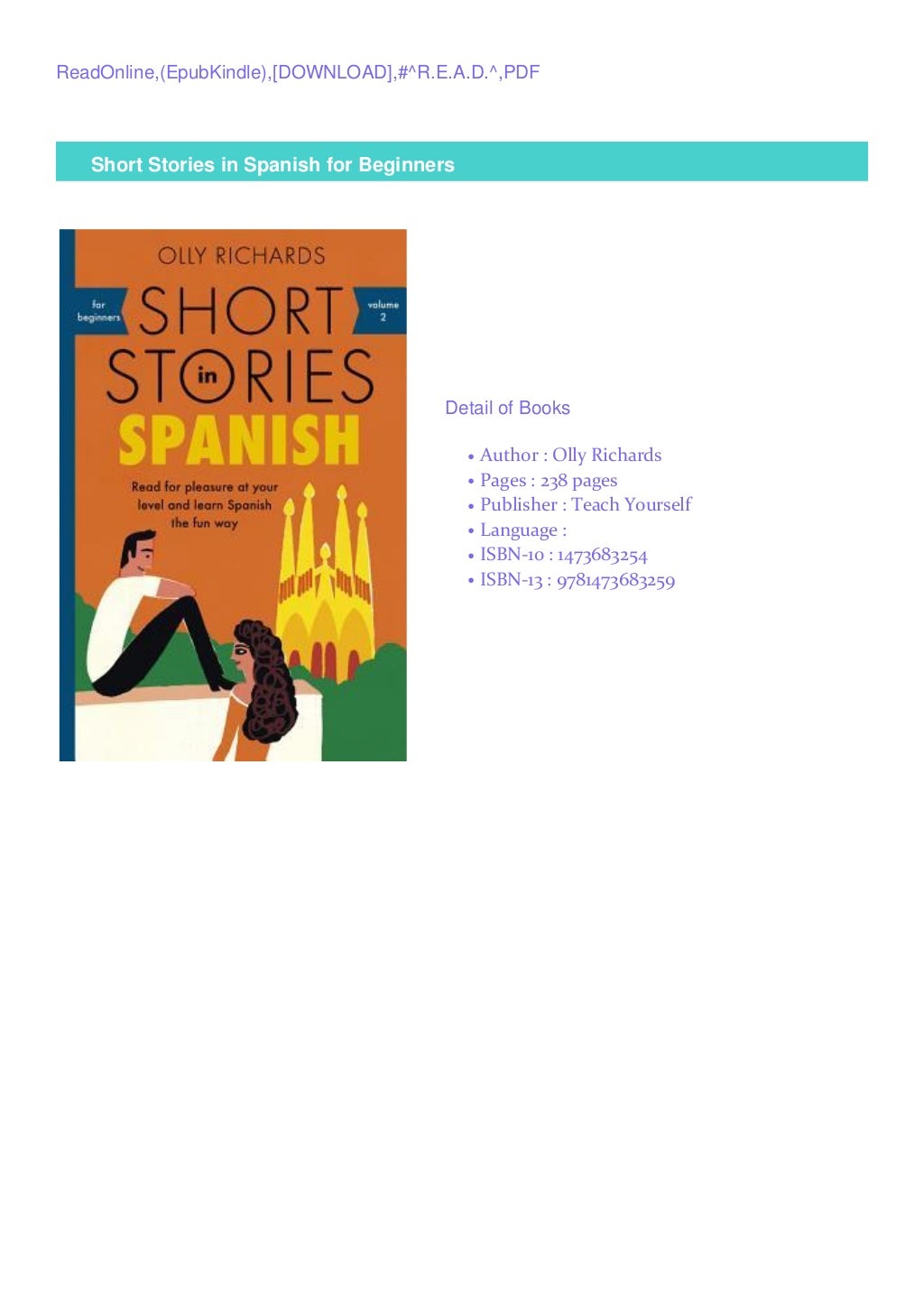 GET PDFShort Stories In Spanish For BeginnersbyOlly RichardsTXT GET PDFShort Stories In Spanish For BeginnersbyOlly RichardsTXT