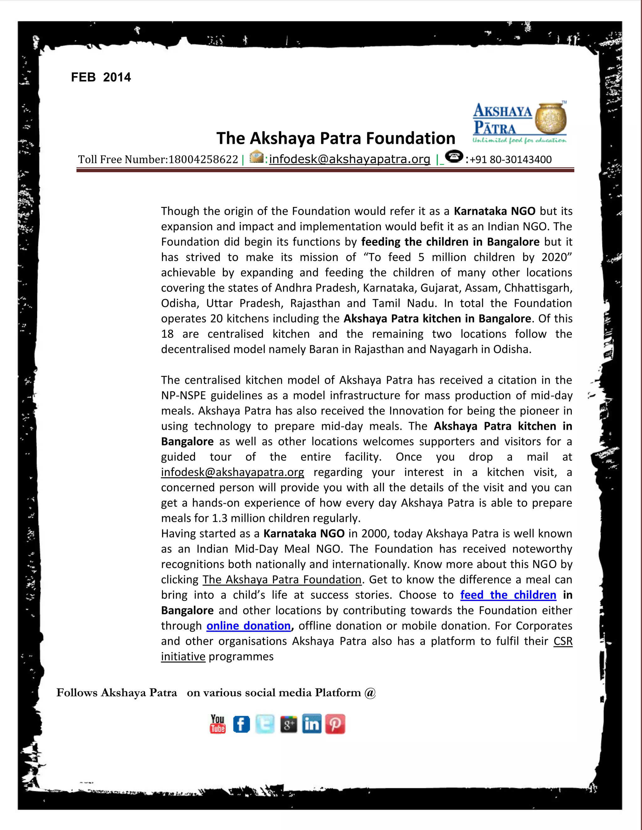 Get a hands-on experience of Akshaya Patra Kitchen in Bangalore | PDF