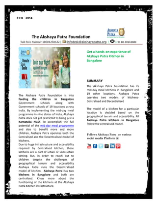 Get a hands-on experience of Akshaya Patra Kitchen in Bangalore | PDF