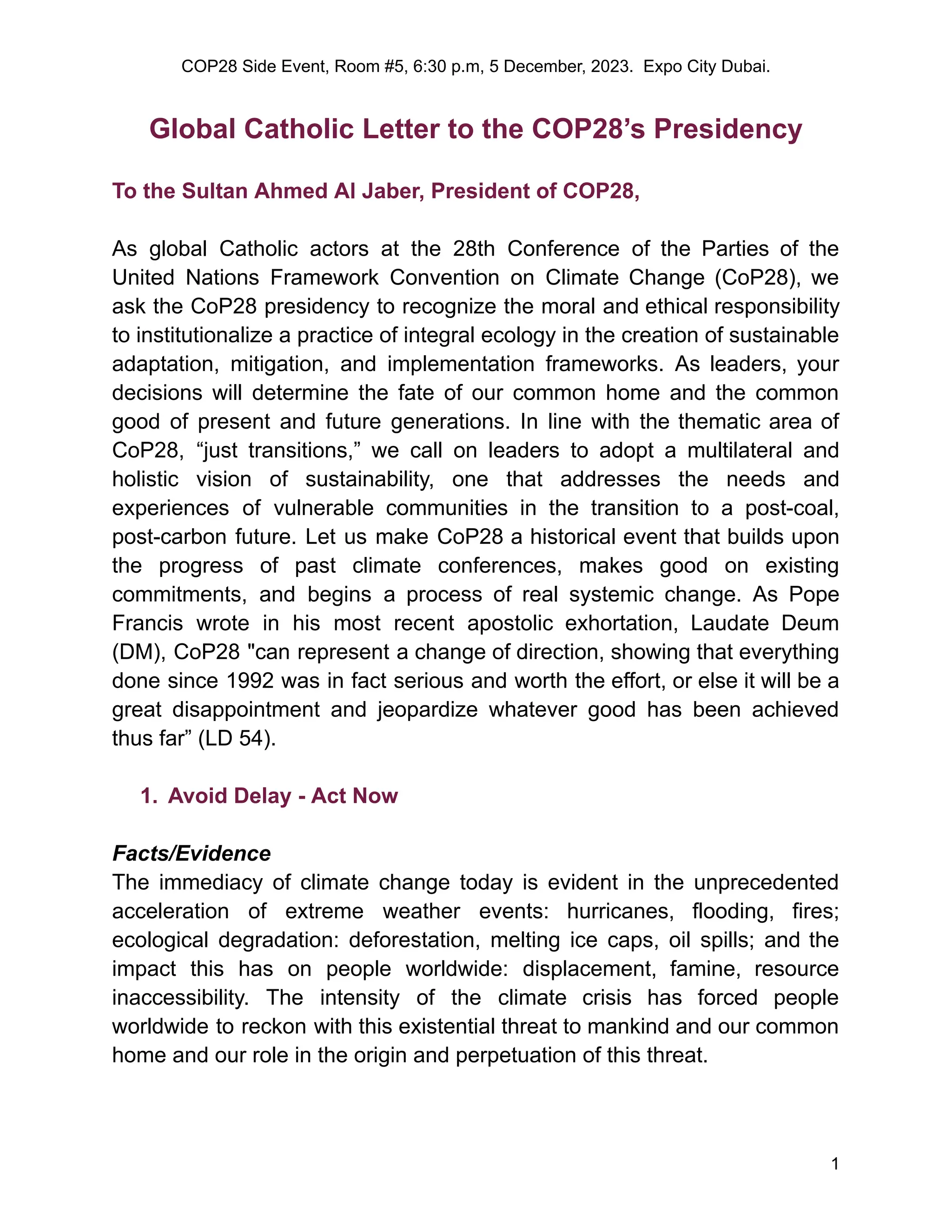 Global Catholic Letter To The Cop28 Presidency Pdf