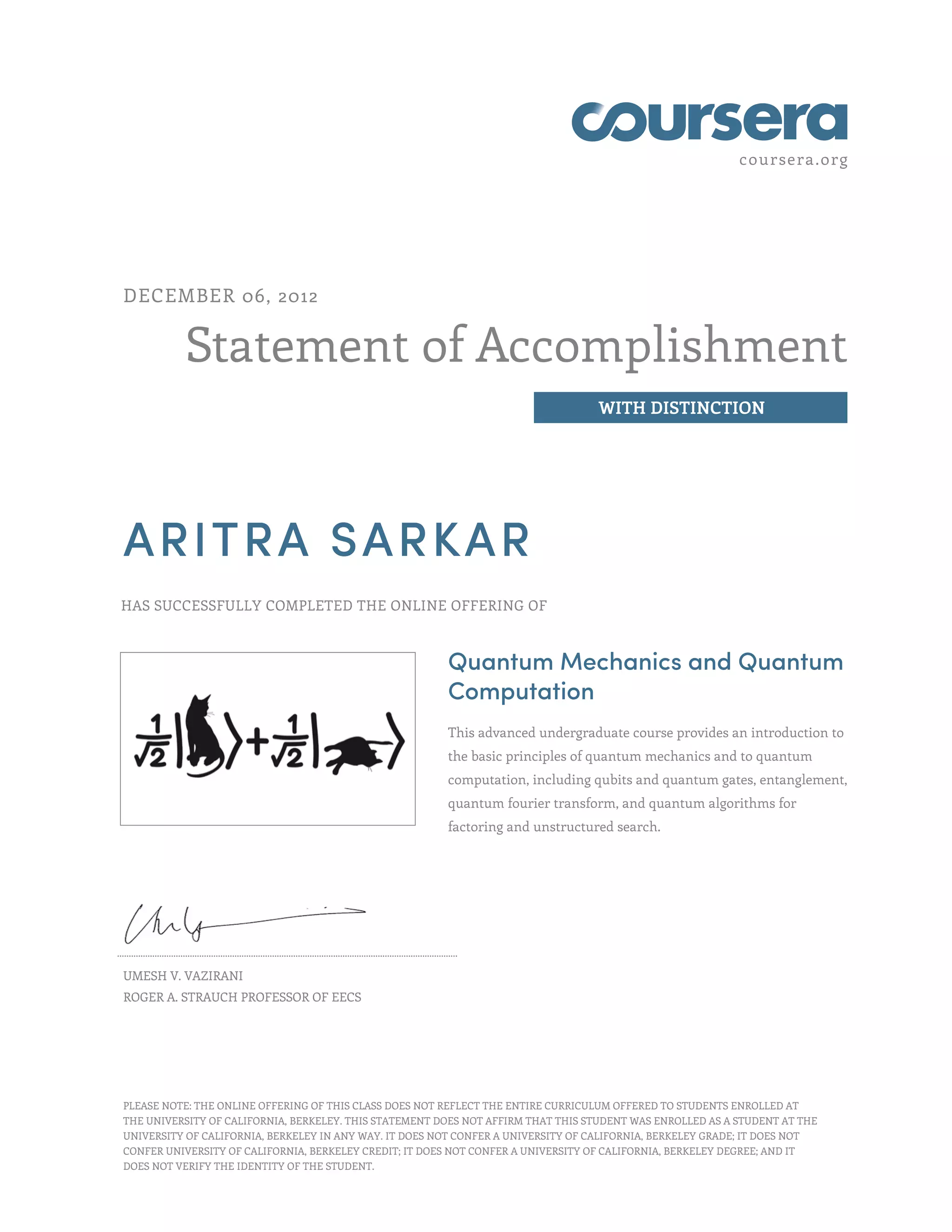 Quantum Mechanics and Quantum Computation - Statement of Accomplishment | PDF