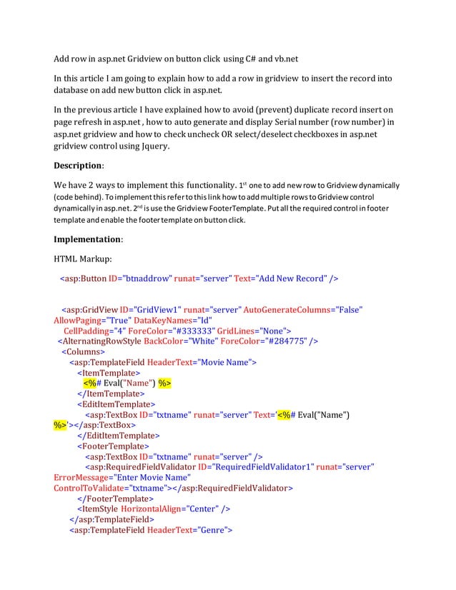 Add row in asp.net Gridview on button click using C# and vb.net
