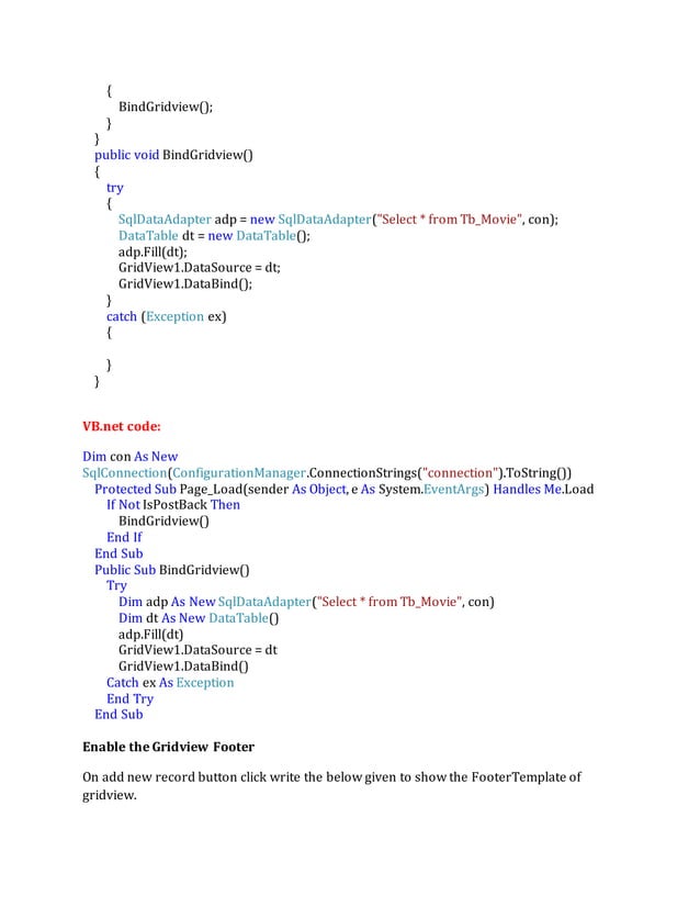 Add row in asp.net Gridview on button click using C# and vb.net