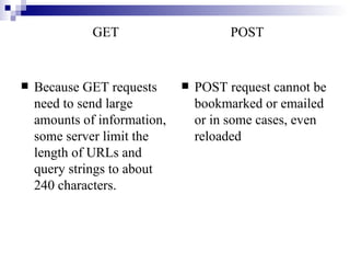 Difference between GET and POST method of form submission.