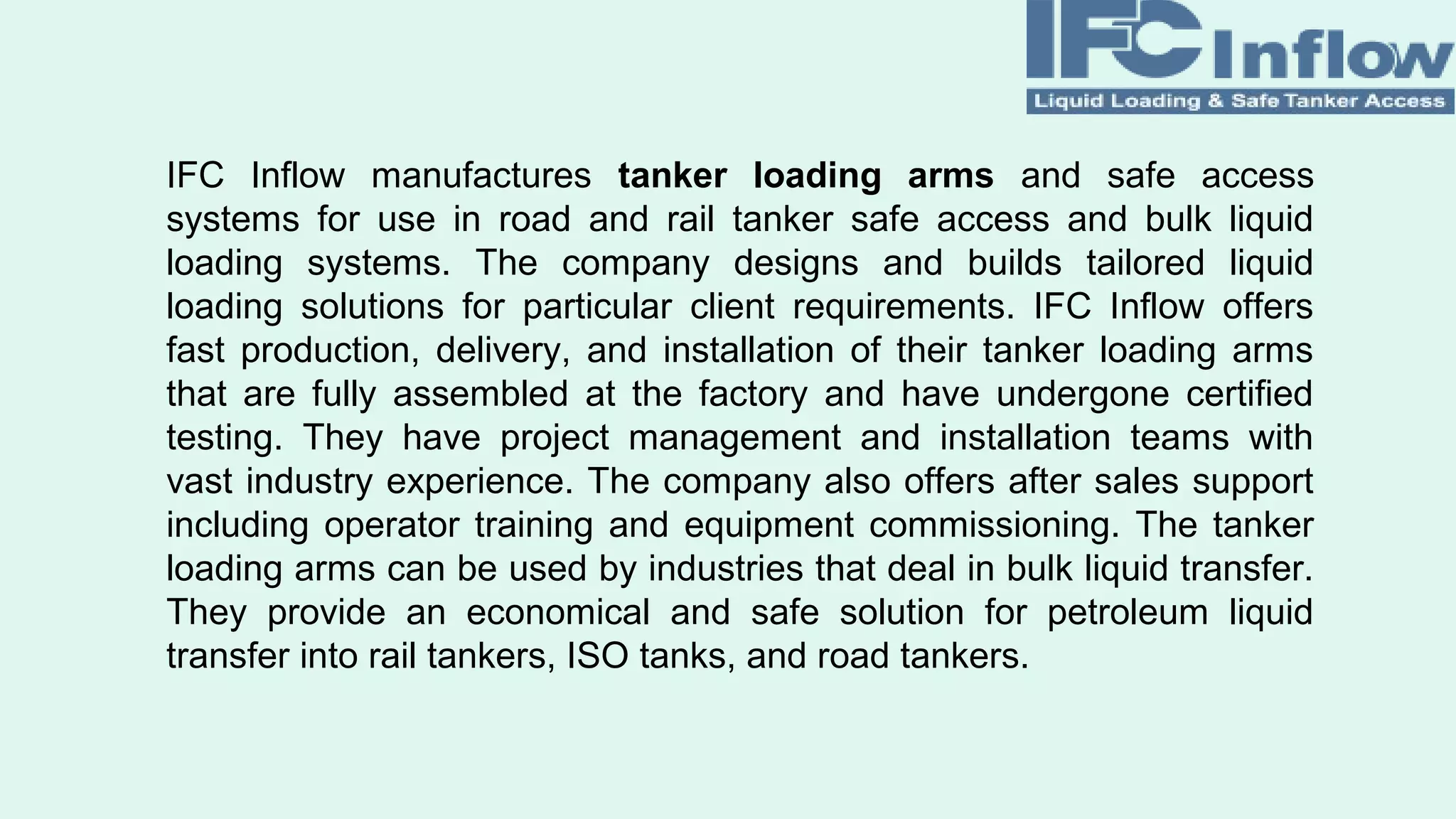 Get Tanker Filling and Loading Arms at IFC Inflow | PPT
