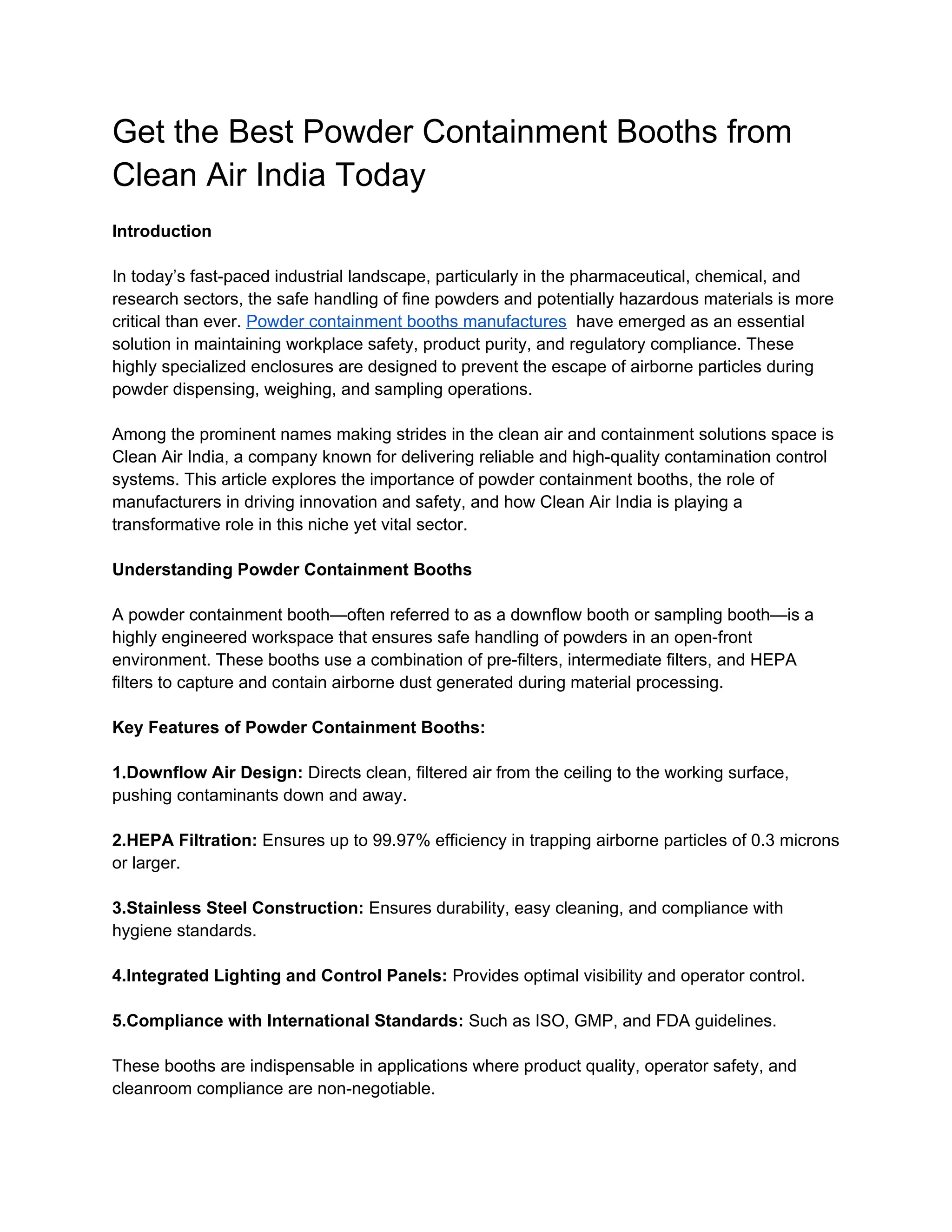 Get the Best Powder Containment Booths from Clean Air India Today.docx