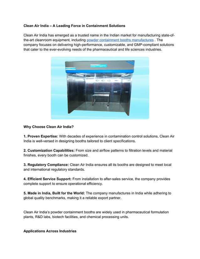 Get the Best Powder Containment Booths from Clean Air India Today.docx