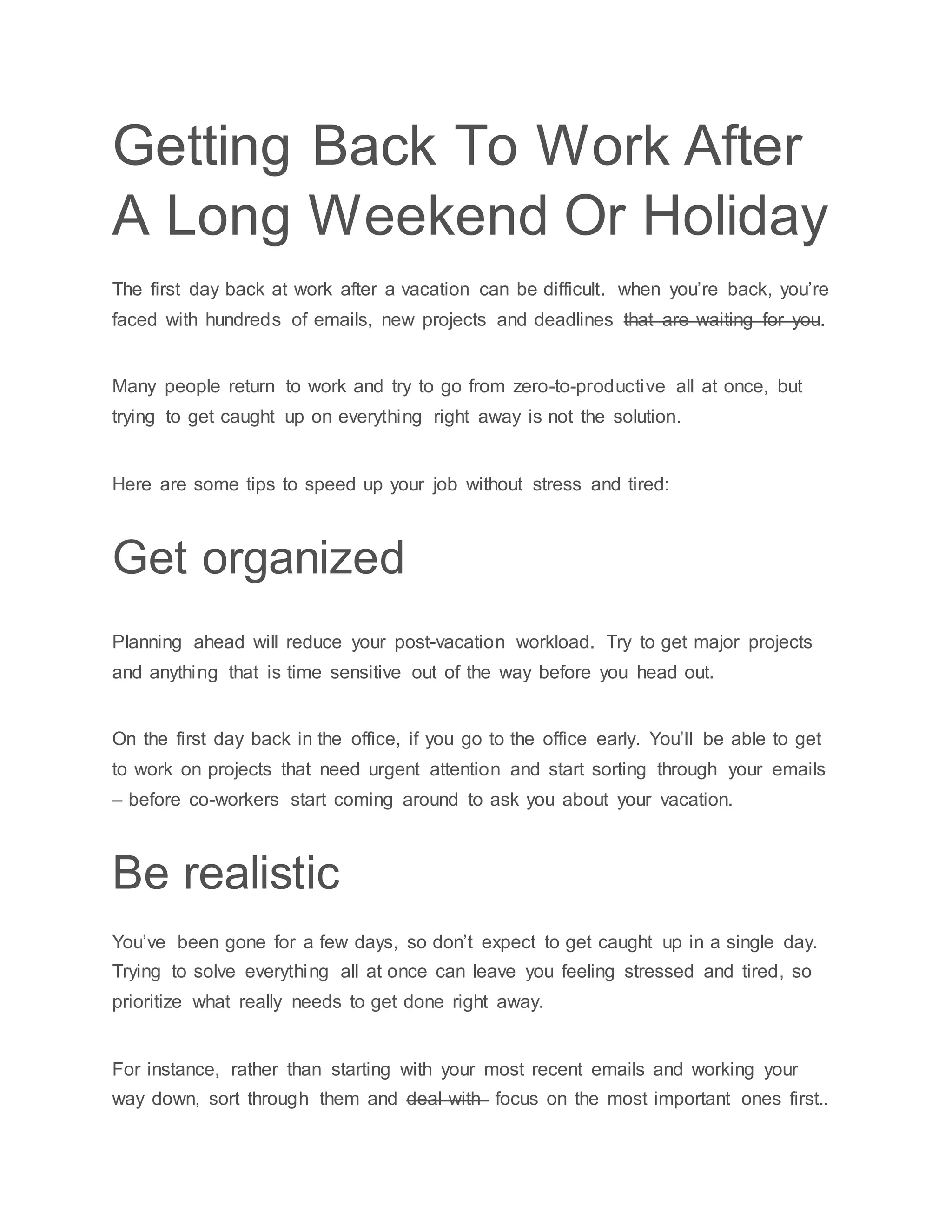 Getting back to work after a long weekend or holiday | DOCX