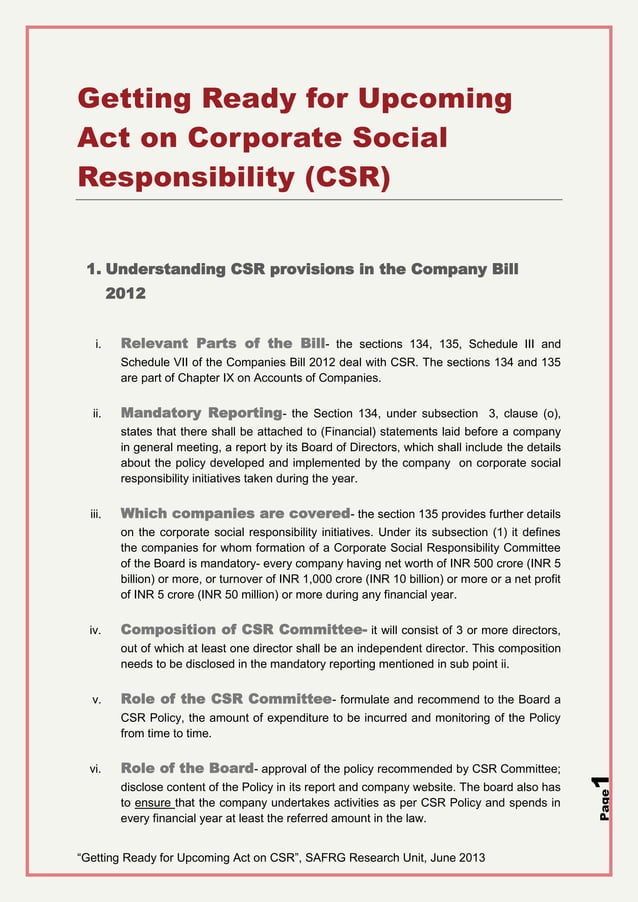 Getting Ready For Upcoming Act on CSR in India | PDF