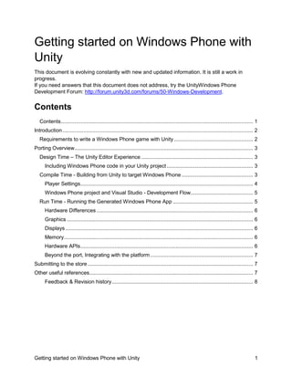 Getting started windows phone unity | DOCX