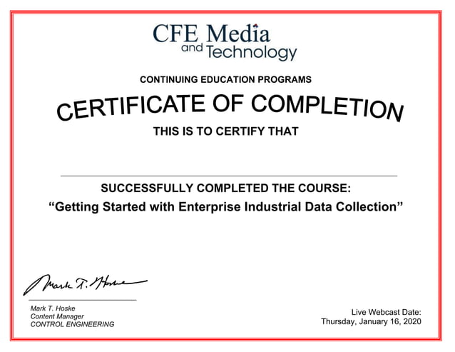 Certificate of Completion "Getting started with enterprise industrial data collection" Online ...
